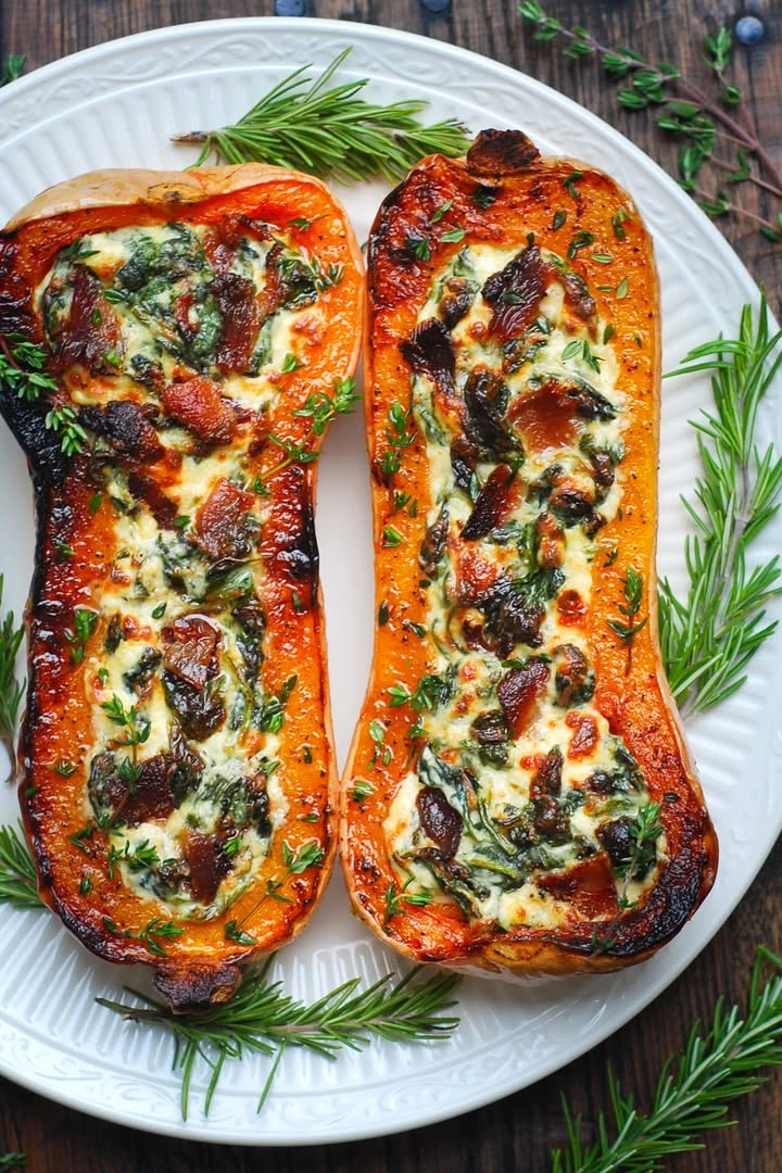 Stuffed Butternut Squash with Spinach, Bacon, and Cheese Recipe ...